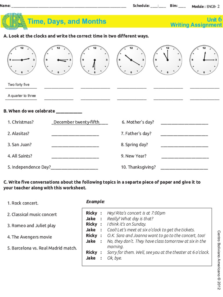 Time, Days, and Months: Unit Writing Assignment | PDF | Observances ...