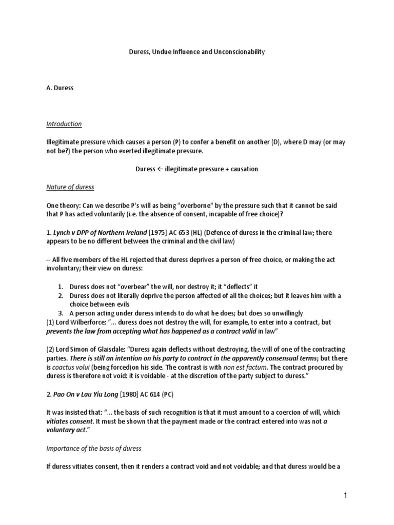 Duress, Undue Influence and Unconscionability | PDF | Damages | Law Of ...
