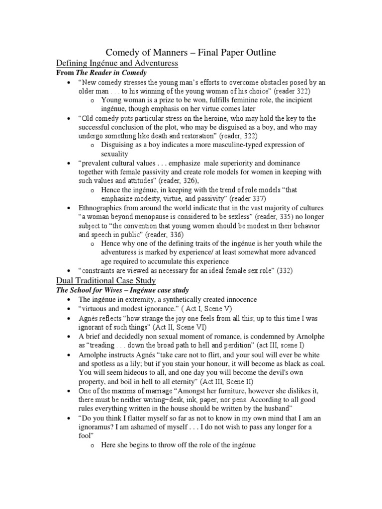 Comedy of Manners - Final Paper Outline | PDF
