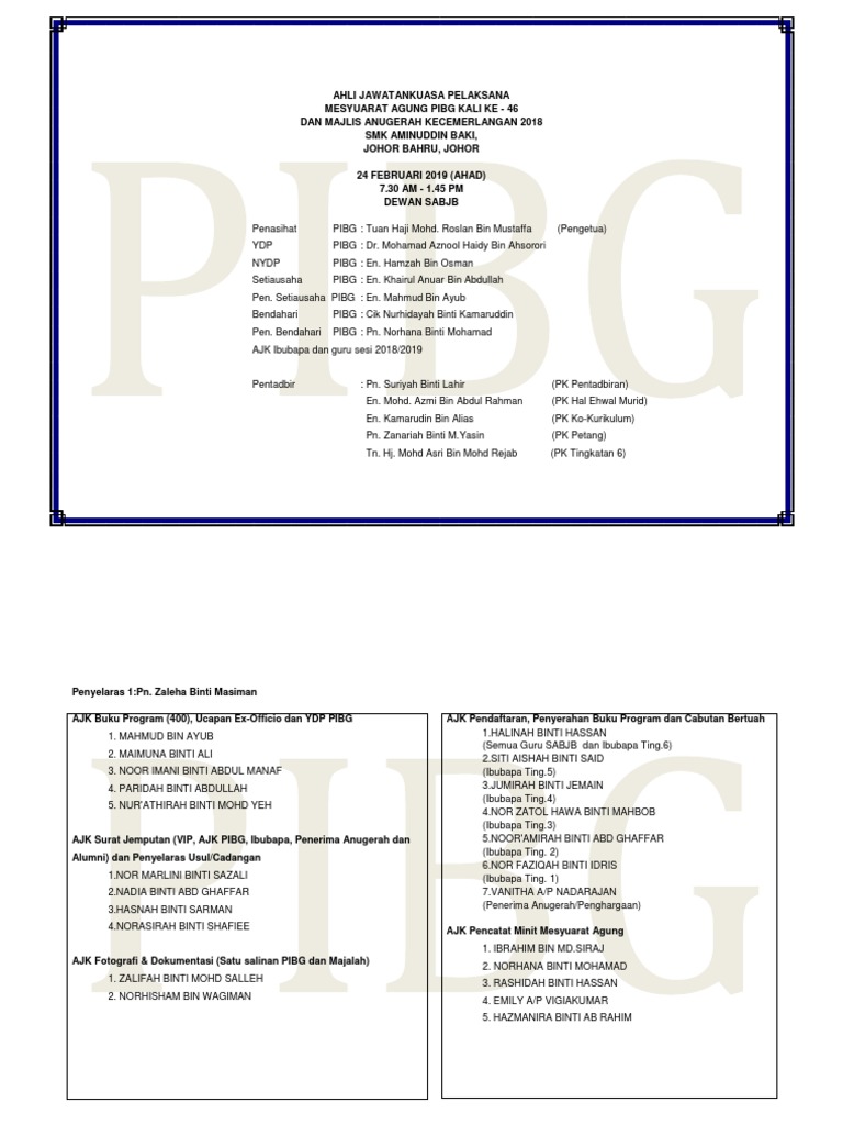 Ahli Jawatankuasa Pelaksana Agm Pibg Kali Ke 46 2019 | PDF