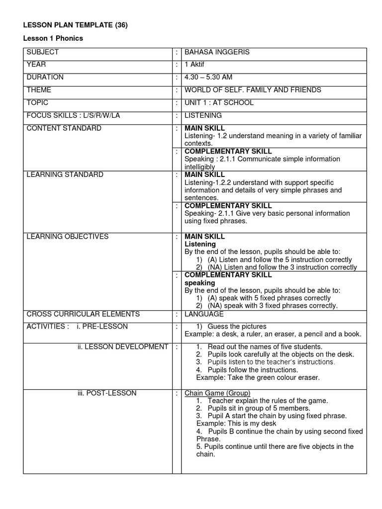 Lesson Plan Template (36) Lesson 1 Phonics | PDF | Lesson Plan | Pedagogy
