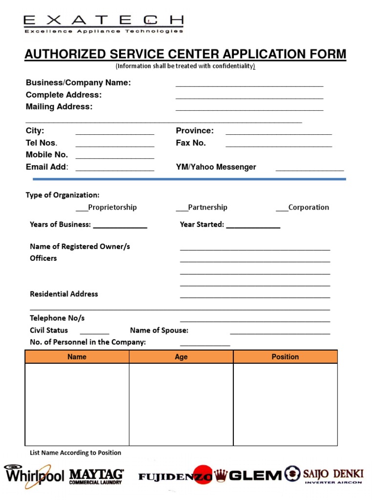 Authorized Service Center Application Form | PDF