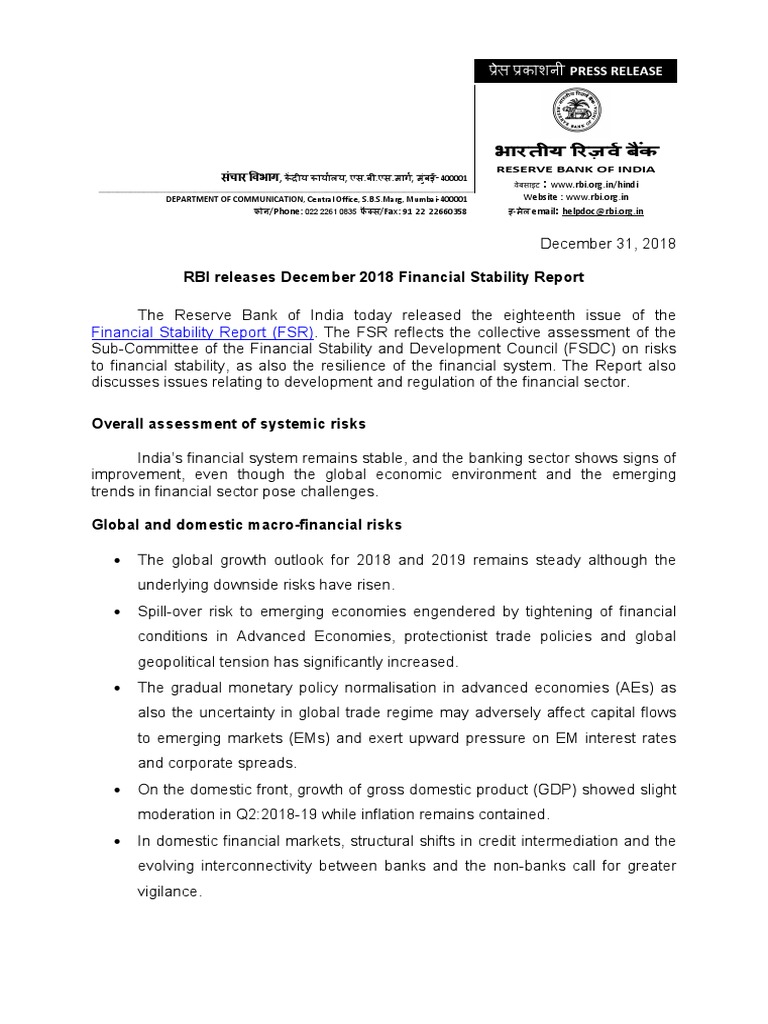 RBI Releases December 2018 Financial Stability Report | PDF | Reserve ...