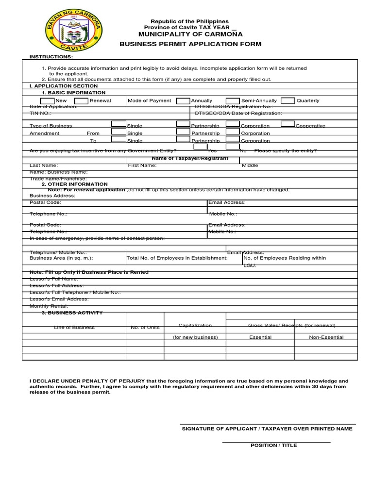 Municipality of Carmona Business Permit Application Form: Republic of ...