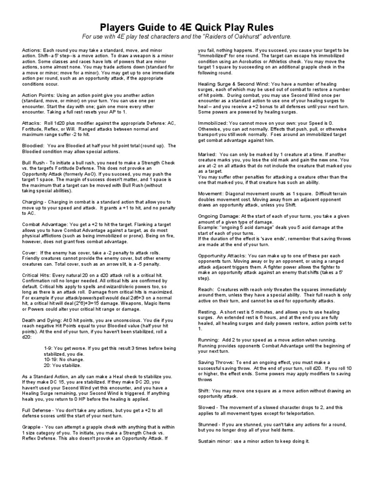 4E Quick Play Rules Guide | PDF | Entertainment | Leisure Activities