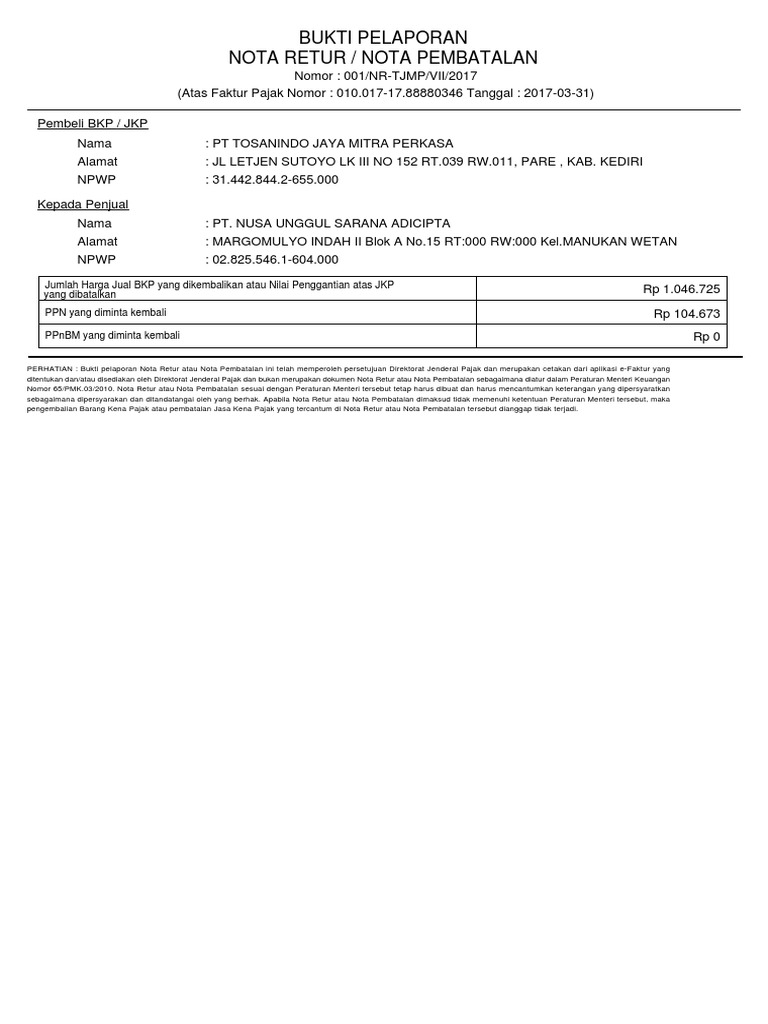 Nota Retur Pajak PT Tosanindo Jaya | PDF