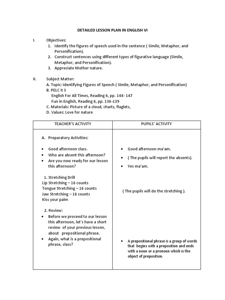 Lesson Plan: Figures of Speech in English VI | PDF | Preposition And ...