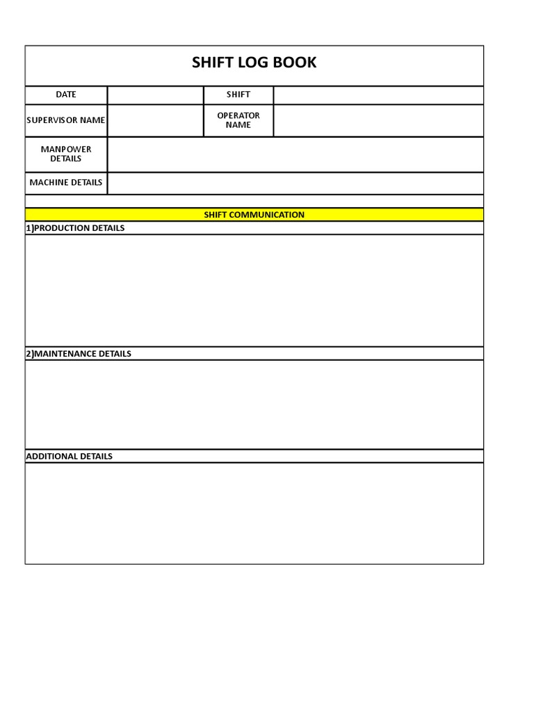 Shift Log Book: Date Shift Supervisor Name Operator Name Manpower ...