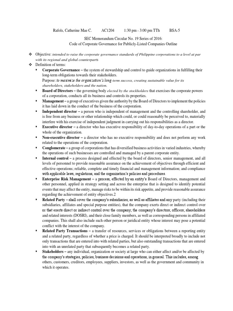 SEC Corporate Governance Outline | PDF | Board Of Directors | Corporate ...