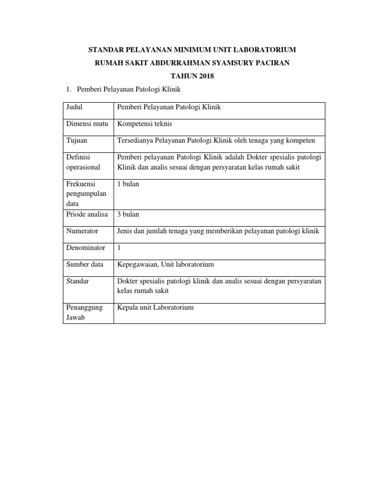 Standar Pelayanan Minimum Unit Laboratorium | PDF