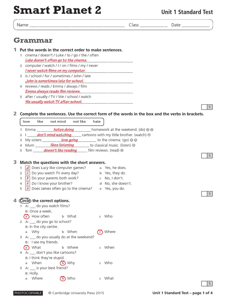 Unit 1 Standard Test With Answers | PDF | Question | Leisure