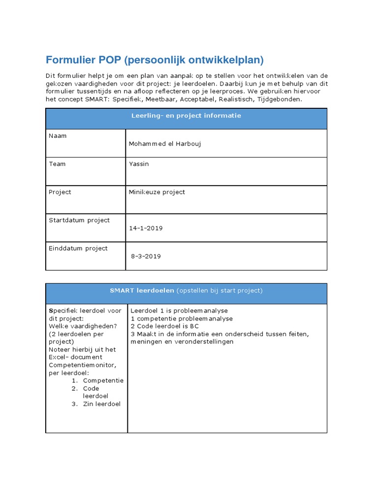 Formulier POP (persoonlijk ontwikkelplan): Leerling-en project informatie