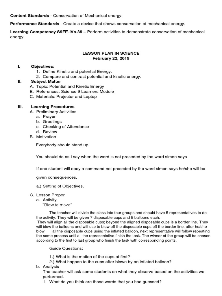 Kinetic vs Potential Energy Lesson Plan | PDF | Kinetic Energy | Lesson ...