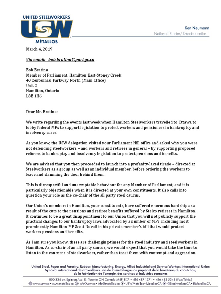 2019 03 04 USW Letter To Bob Bratina MP Hamilton East Stoney Creek ...