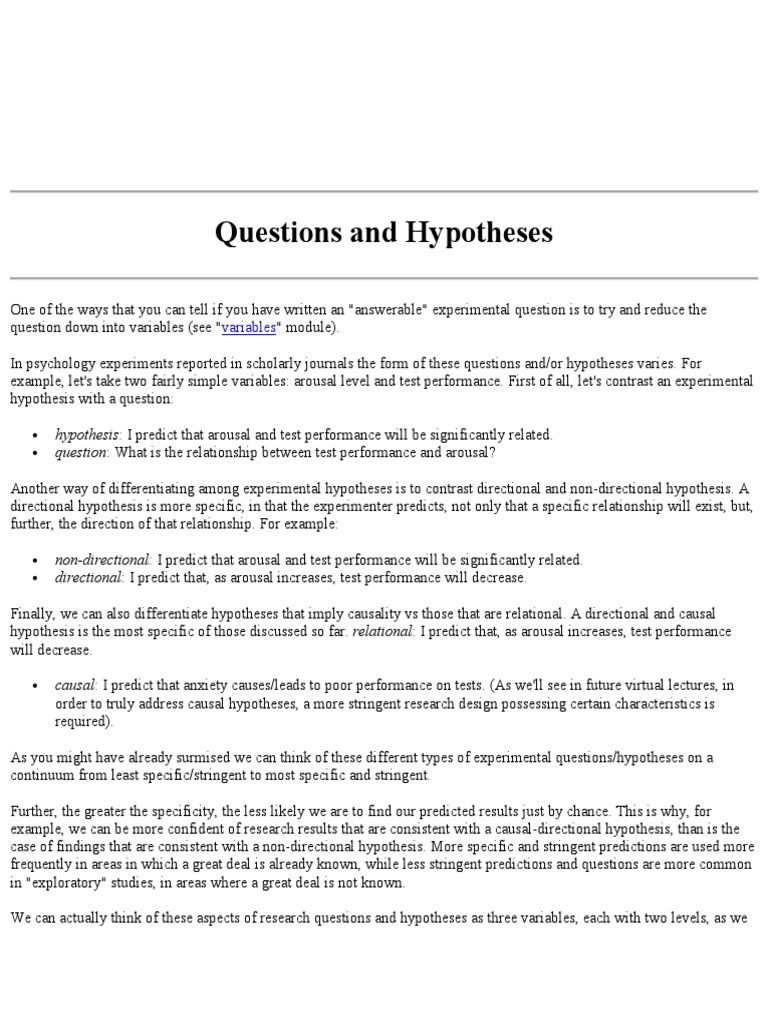 Experimental Questions and Hypotheses | PDF | Hypothesis | Causality