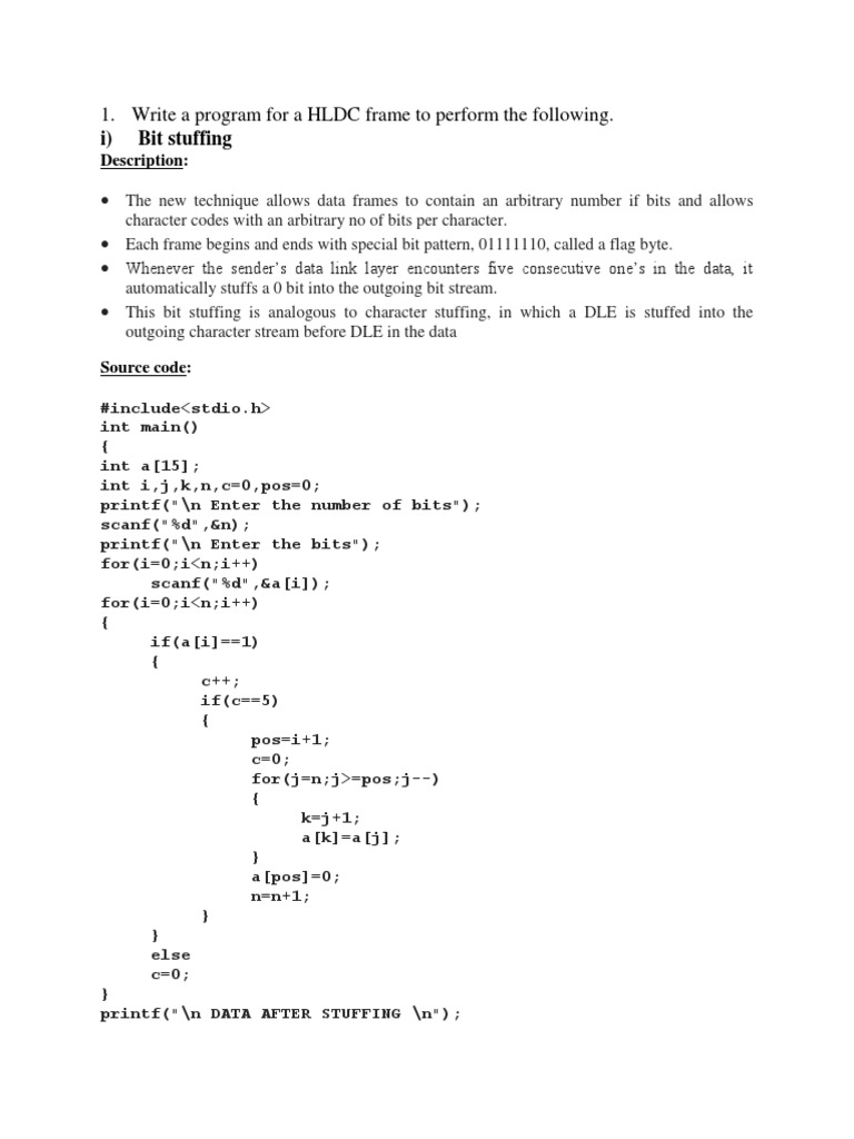 I) Bit Stuffing: 1. Write A Program For A HLDC Frame To Perform The ...