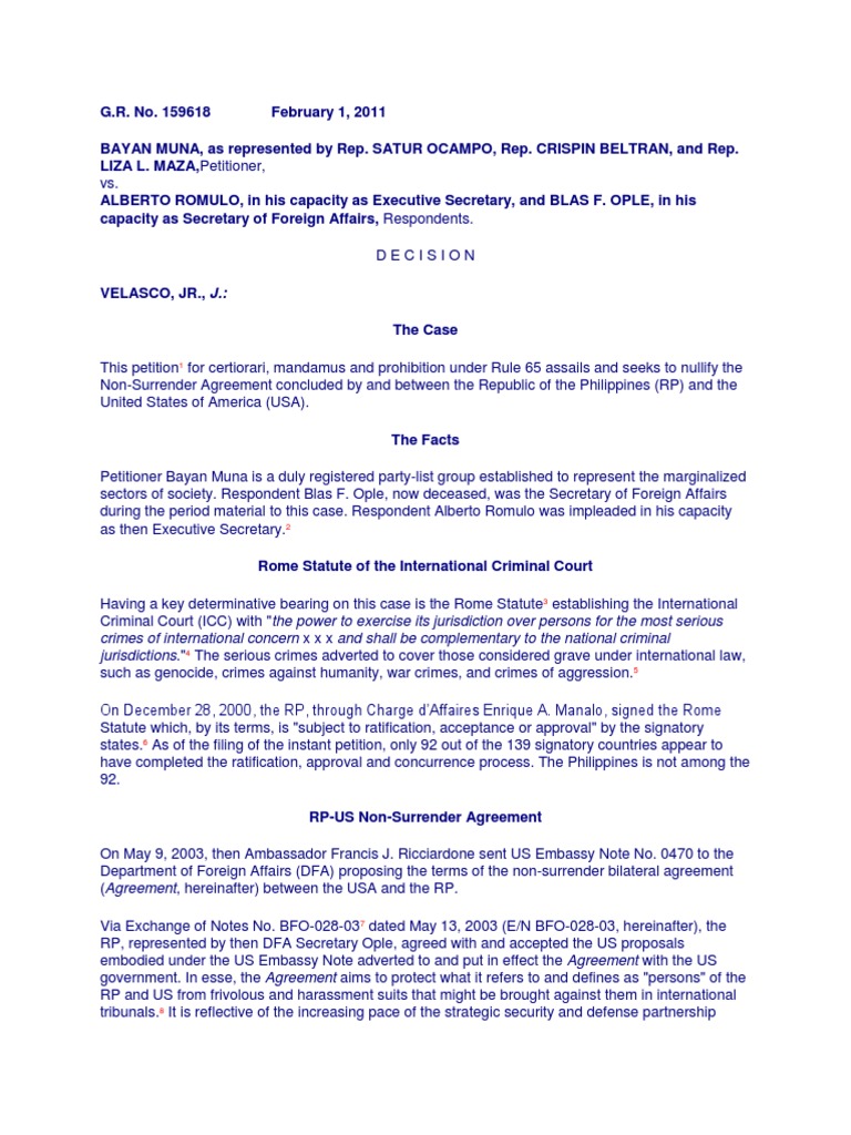 Bayan Muna v. Romulo | PDF | Treaty | International Criminal Court