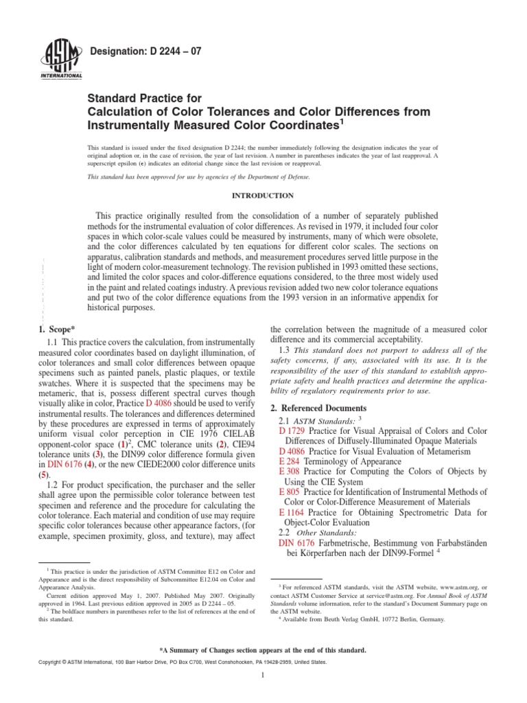 ASTM D2244-07 Calculation of Color Tolerances and Color Differences ...