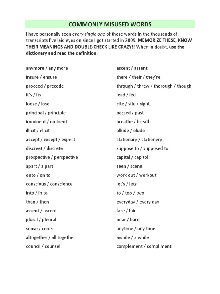 Commonly Misused Words | PDF | Language Arts & Discipline