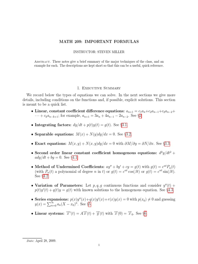 Diff Eq Formulas | PDF | Eigenvalues And Eigenvectors | Matrix (Mathematics)