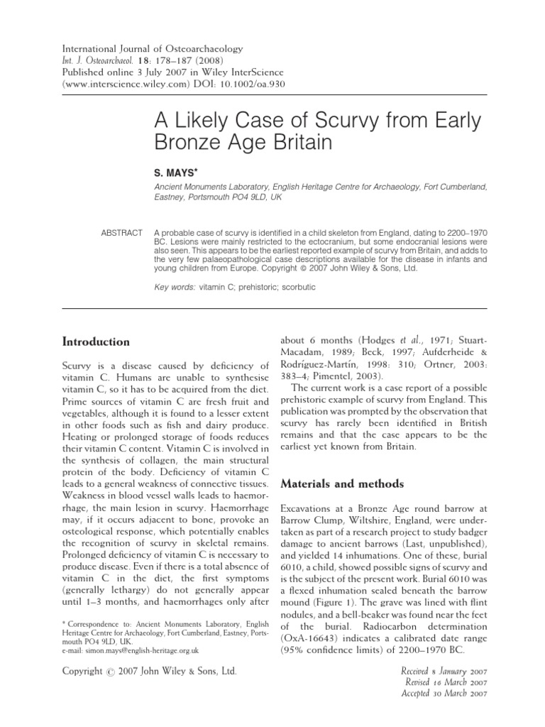A Likely Case of Scurvy From Early Bronze Age Britain (Mays 2008) | PDF ...