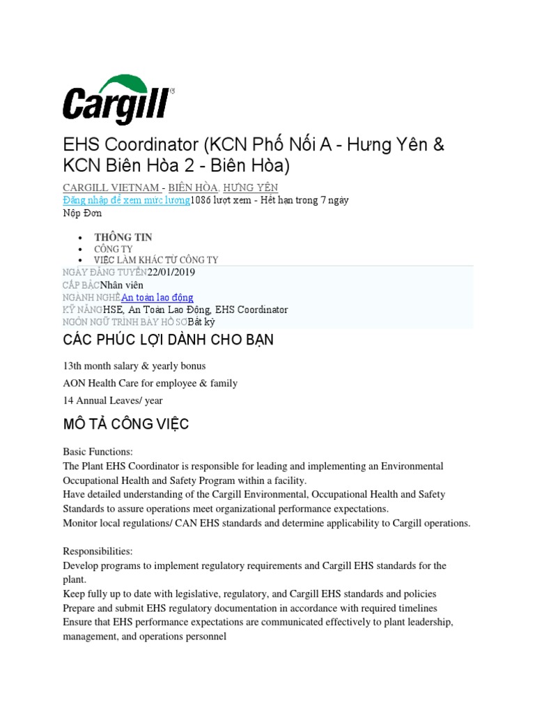 Cargill EHS Coordinator | PDF | Occupational Safety And Health | Safety