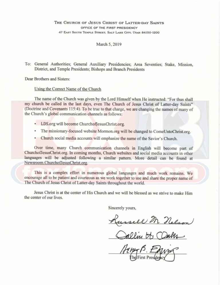 Letter To Members From The Church of Jesus Christ of Latter-Day Saints ...