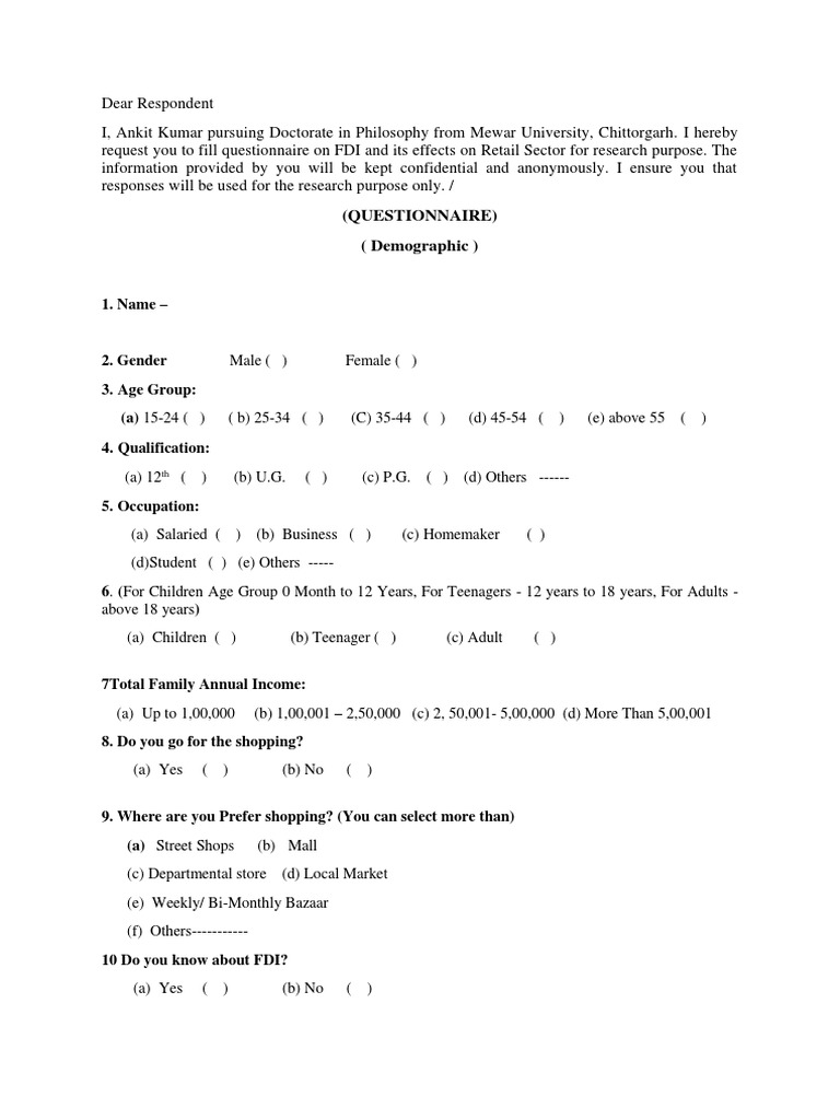 (Questionnaire) (Demographic) | PDF | Foreign Direct Investment | Retail