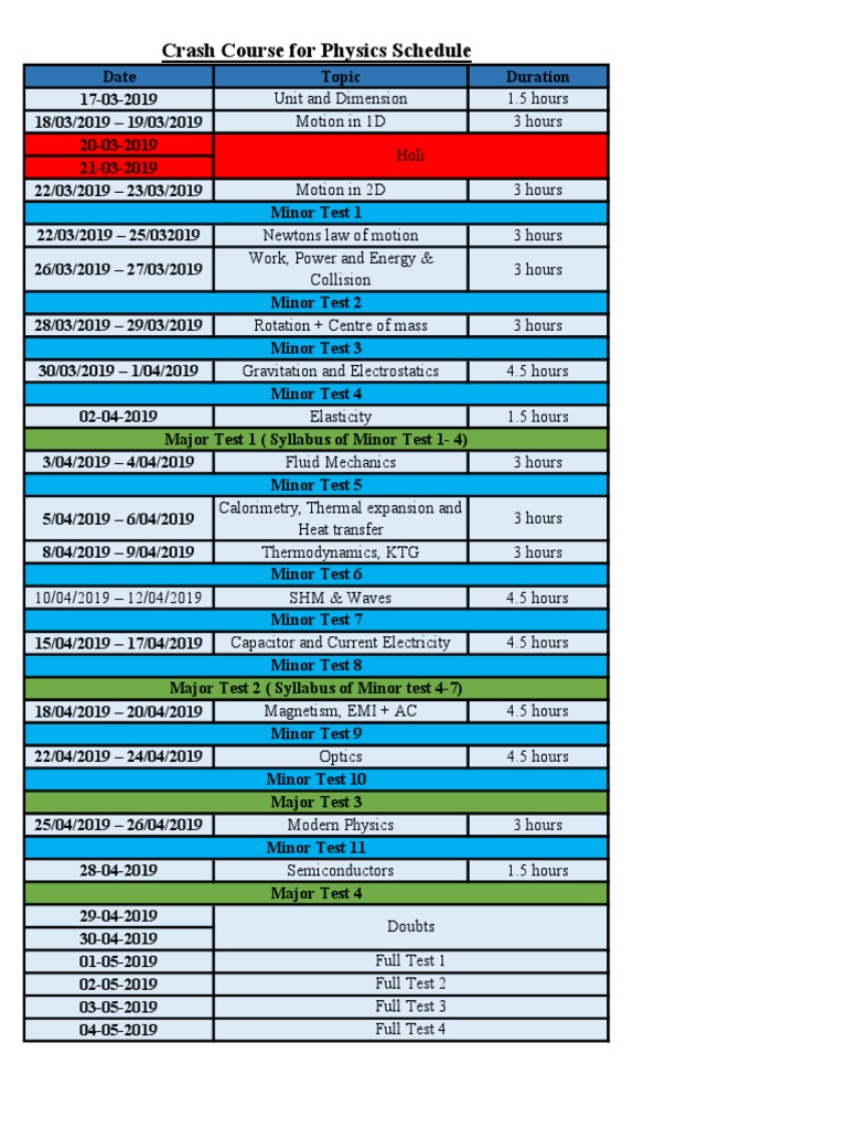 Crash Course For Physics Schedule | PDF | Motion (Physics) | Physics