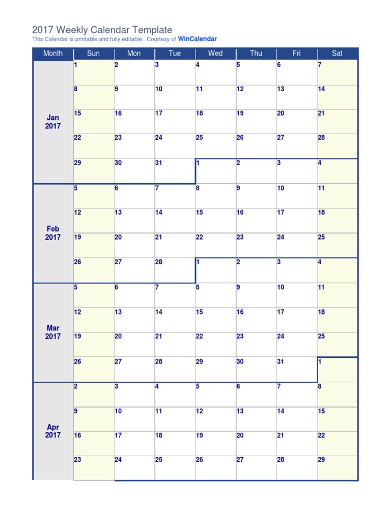 2017 Weekly Calendar Template: Month Sun Mon Tue Wed Thu Fri Sat | PDF ...