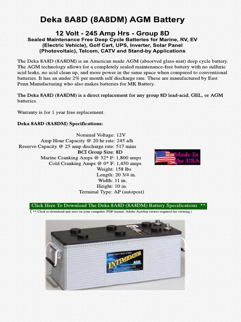Deka 8A8D AGM Battery 245Ah Group 8D | PDF