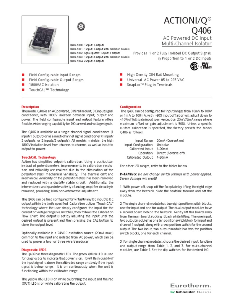 Actioni/Q Q406: ® AC Powered DC Input Multi-Channel Isolator | PDF ...