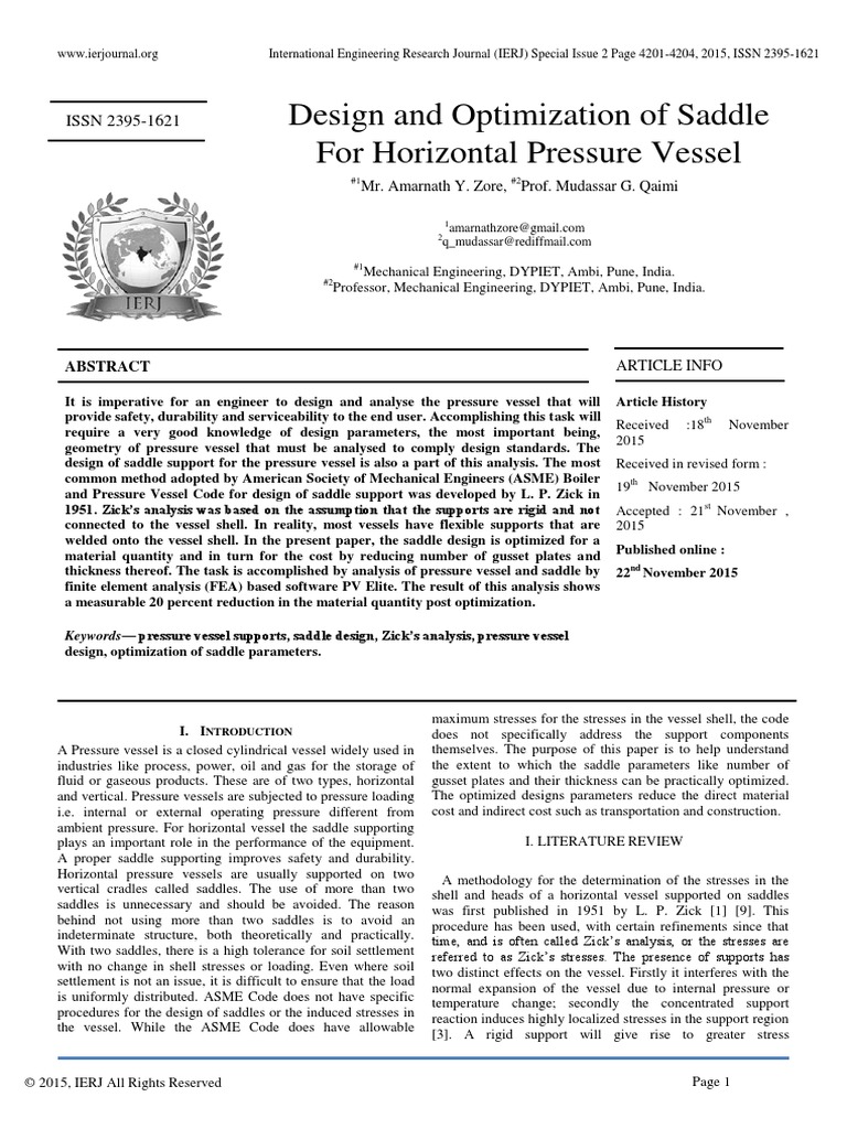 Design and Optimization of Saddle For Horizontal Pressure Vessel ...