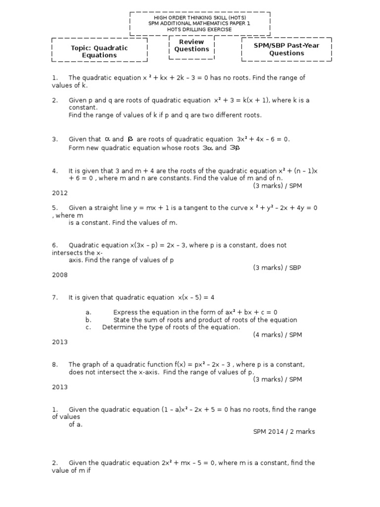 Add Maths Quadratic Equation Form 4 Chapter 2 | PDF | Quadratic ...
