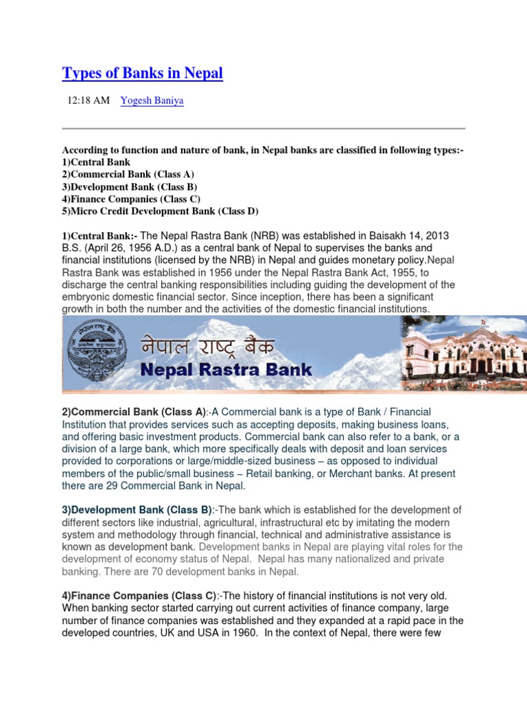 Types of Banks in Nepal: Yogesh Baniya | PDF | Commercial Bank ...