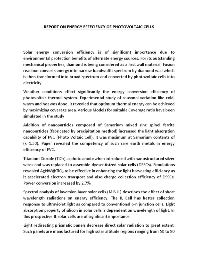 Report On Energy Effeciency of Photovoltaic Cells | PDF | Solar Cell ...