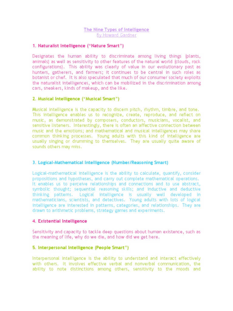 The Nine Types of Intelligence | PDF | Intelligence | Neuropsychology