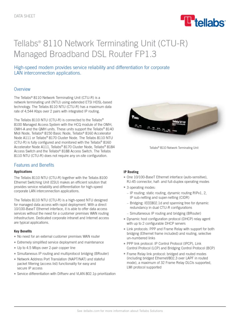 Tellabs 8110 Network Terminating Unit (CTU-R) Managed Broadband DSL Router FP1.3 | Router ...