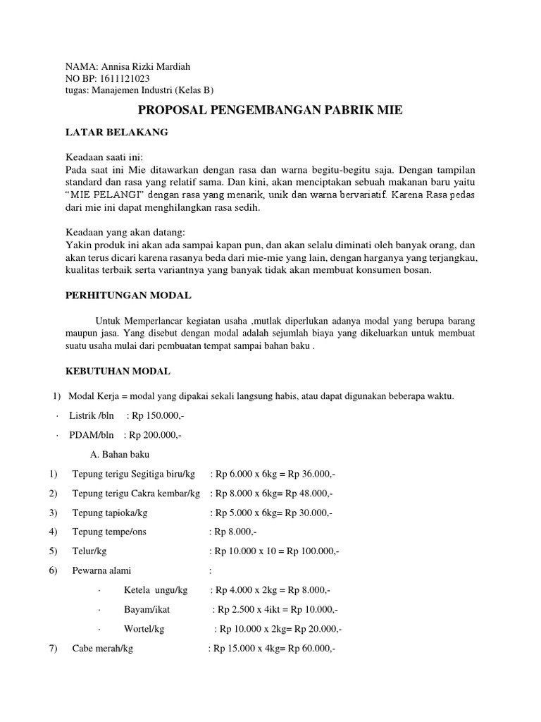 Proposal Mie Pelangi: Rencana Bisnis | PDF