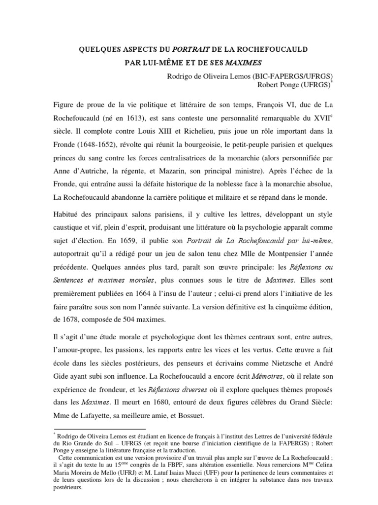 Portrait Rochefoucauld | Portrait | Sciences philosophiques