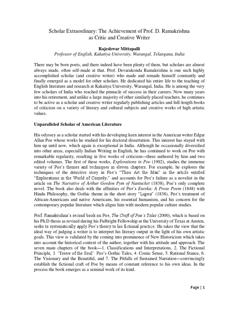 Scholar Extraordinary: The Achievement of Prof. D. Ramakrishna As ...