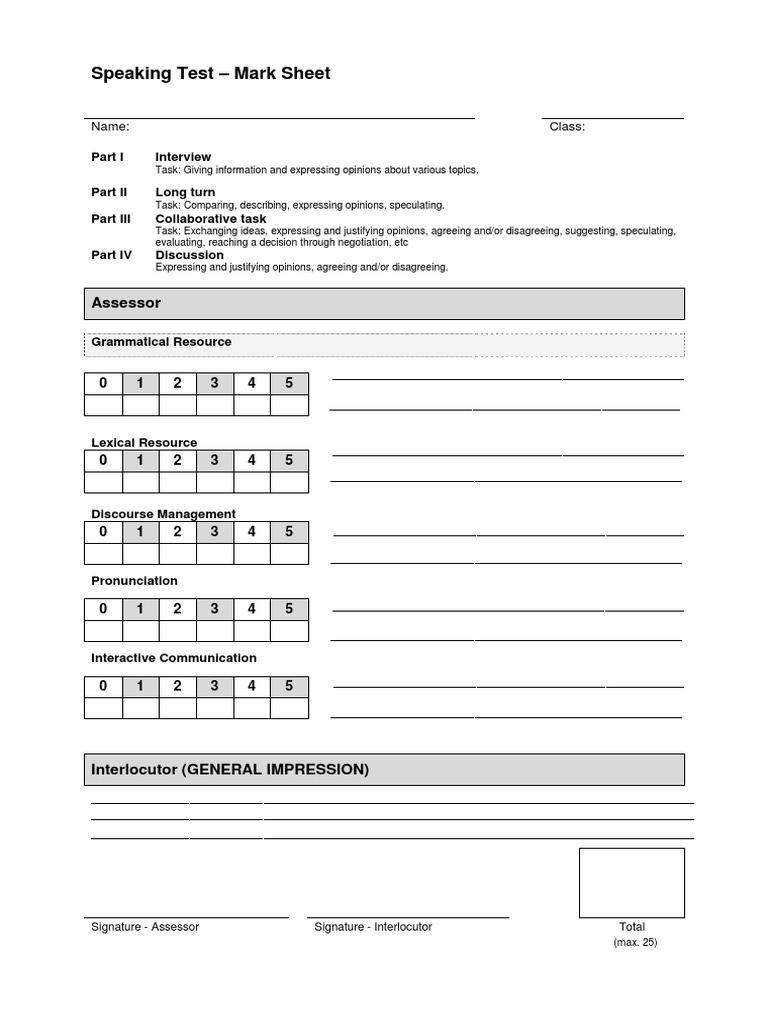 Speaking Test - Mark Sheet: Assessor | PDF