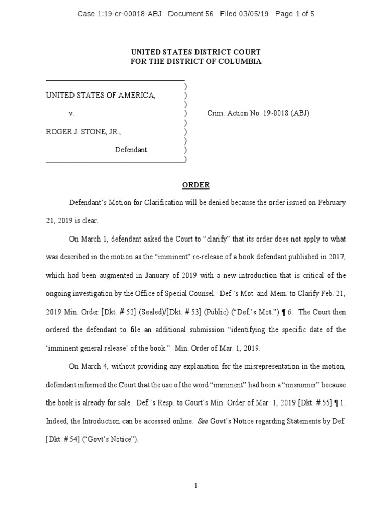 Judge Amy Berman Jackson Responds To Roger Stone | PDF | Books | Publishing