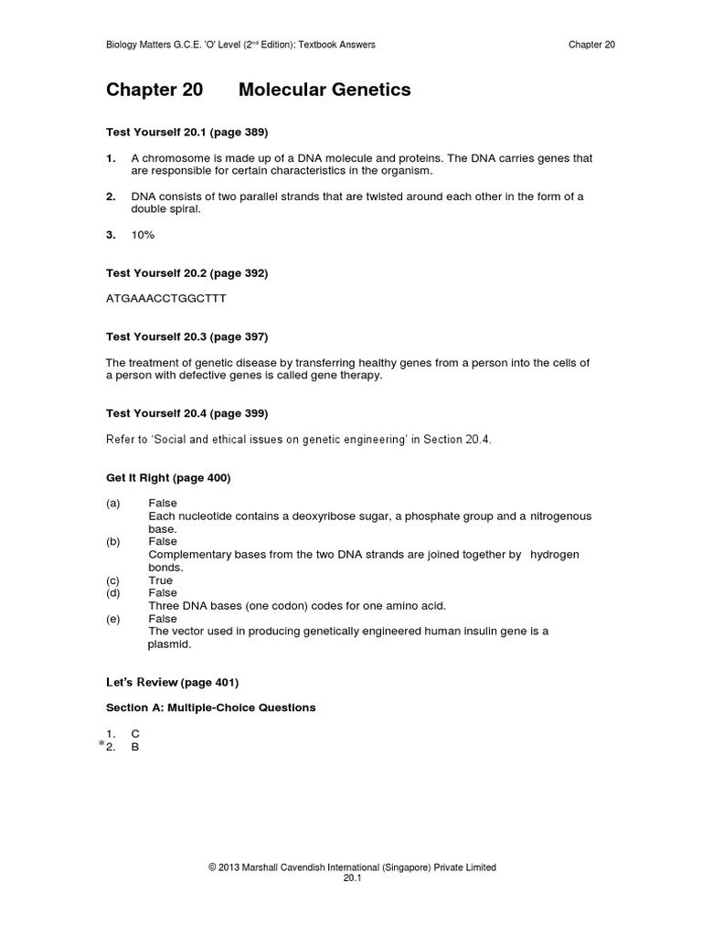 Molecular Genetics: Test Yourself 20.1 (Page 389) 1 | PDF | Dna ...