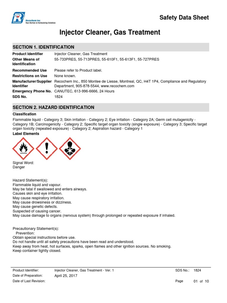 Injector Cleaner, Gas Treatment: Safety Data Sheet | Download Free PDF ...