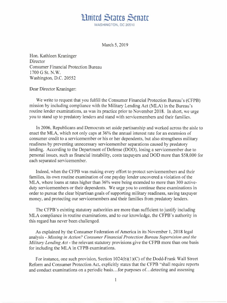 2019-03-05 LTR To CFPB Re Mla | PDF | Consumer Financial Protection ...