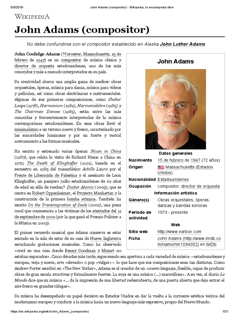 John Adams (Compositor) - Wikipedia, La Enciclopedia Libre | PDF | Las ...