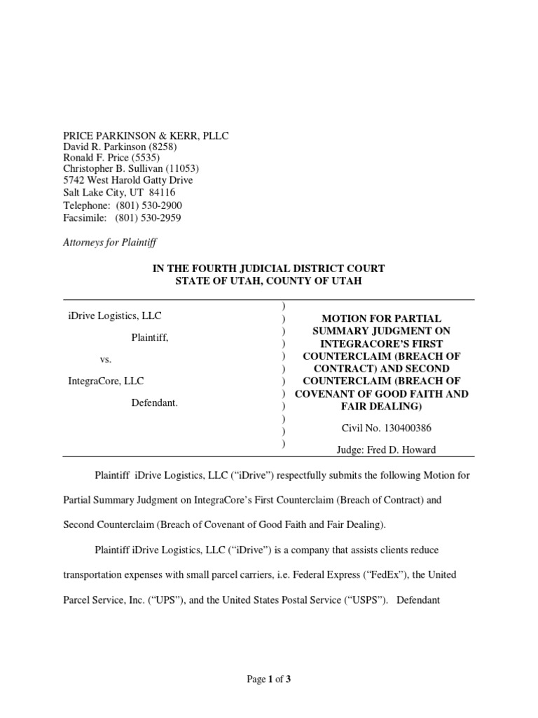 Motion For Partial Summary Judgment Integracore | PDF | Fed Ex | Summary Judgment