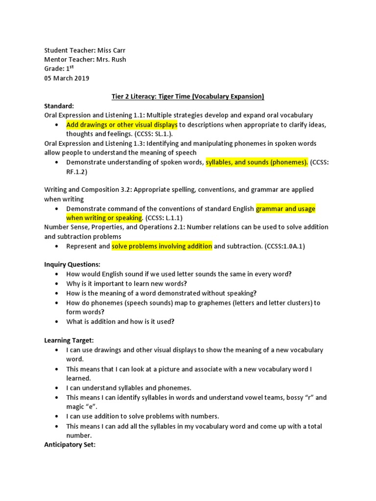 Tier 2 Lesson Plan - U5w3 | PDF | Phoneme | Vocabulary