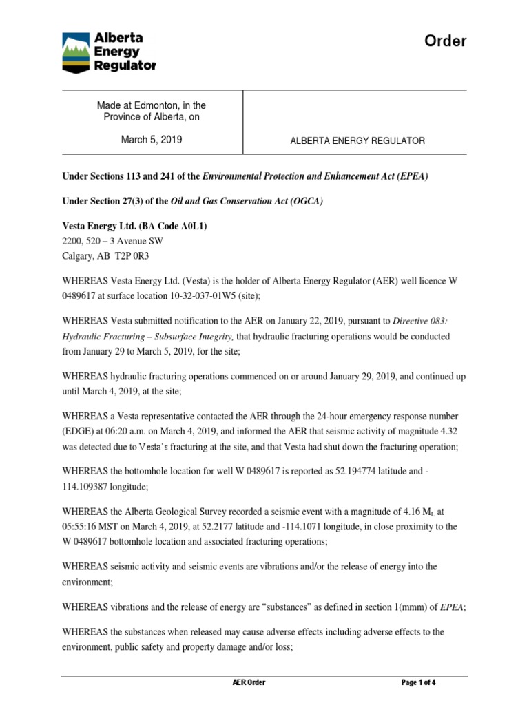 Albera Energy Regulator - Vesta Energy Order | PDF | Hydraulic ...